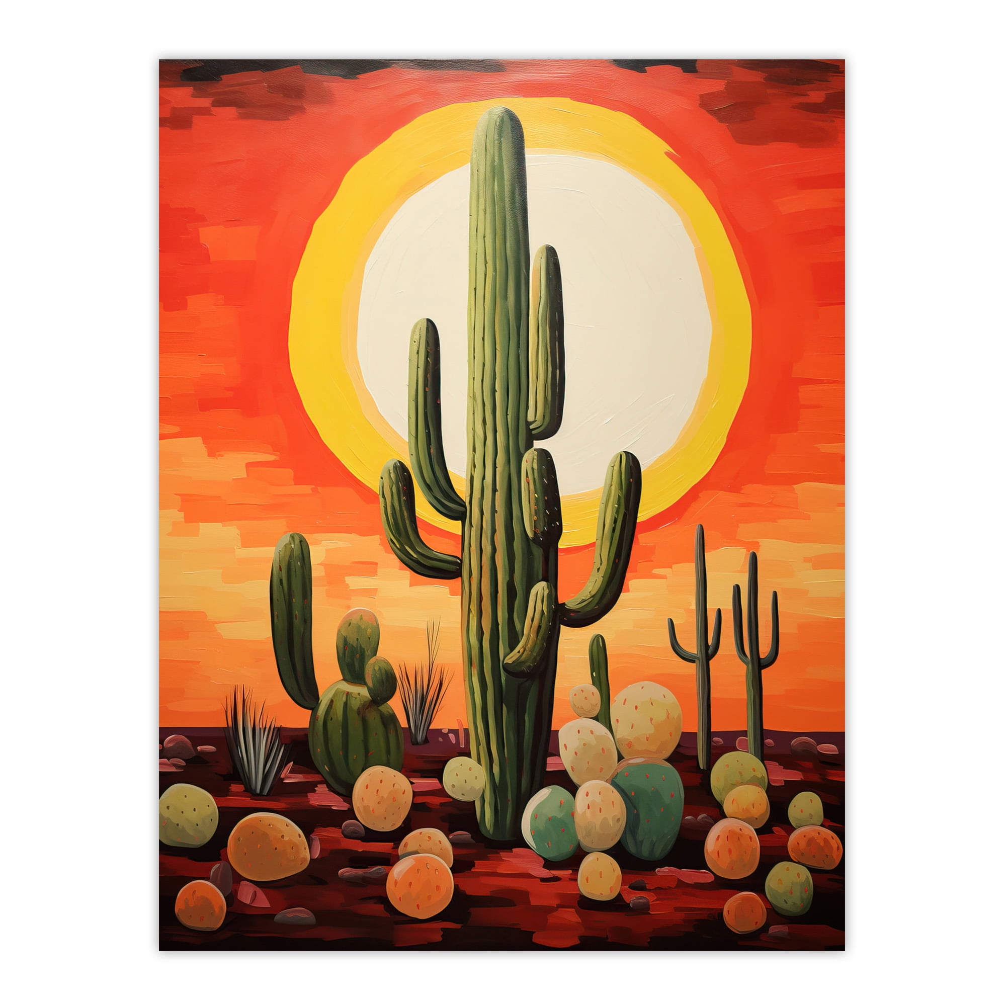 Desert Cactus At Noon Artwork Painting White Hot Sun Red Yellow South ...