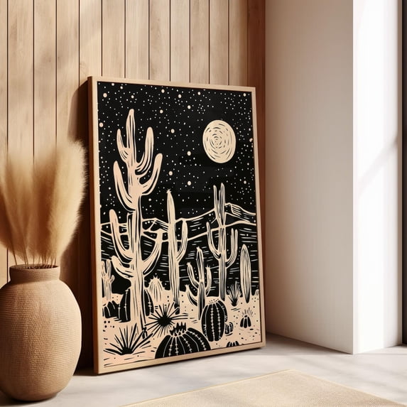 Desert Cactus Moon Night Wall Art Abstract Line Decor, Stretched Canvas ...