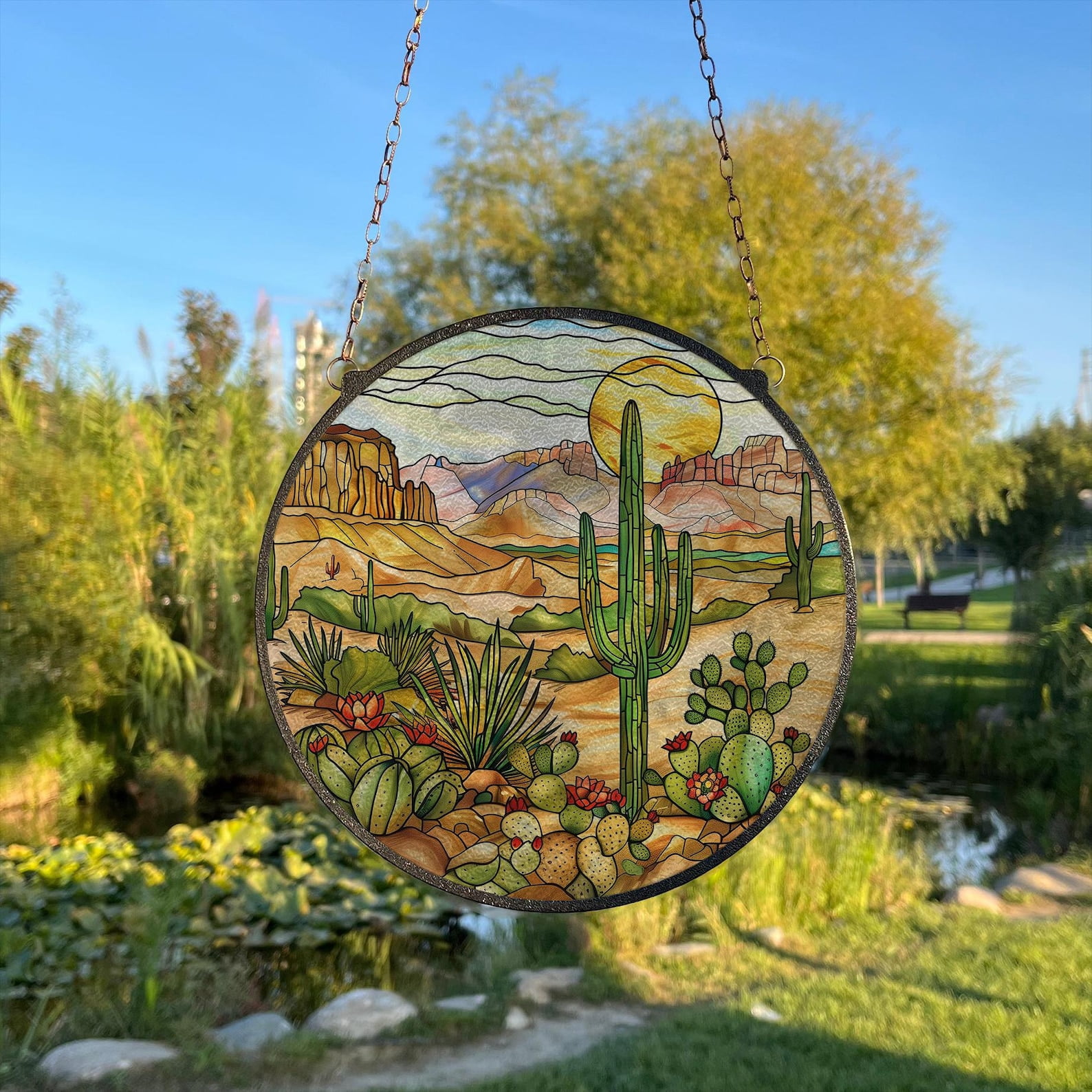 Desert & Cactus Painted Stained Glass Suncatcher, Window Hanging Decor ...