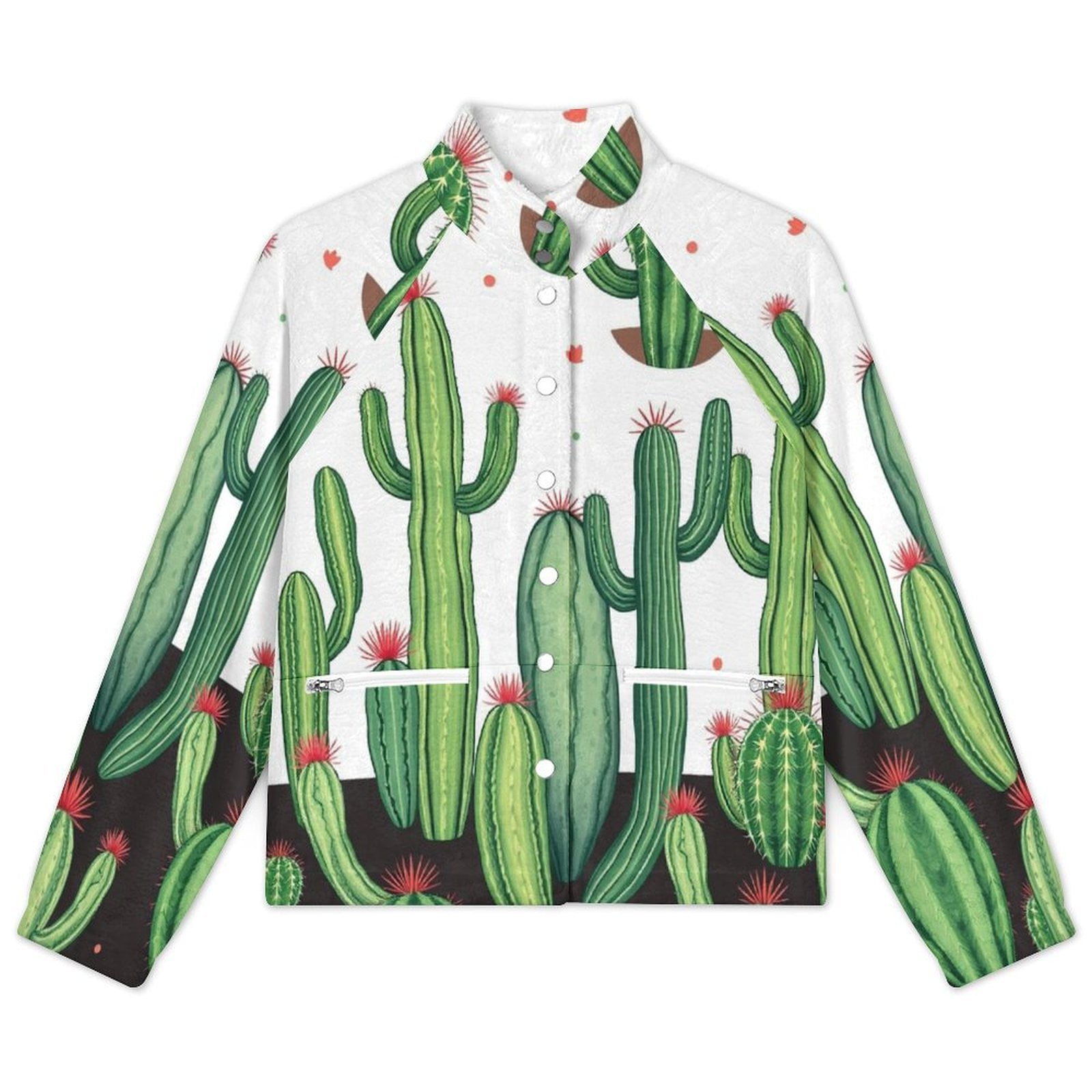 Desert Cactus Pattern Fall Winter Women Jacket Stand Collar Thick Plush ...
