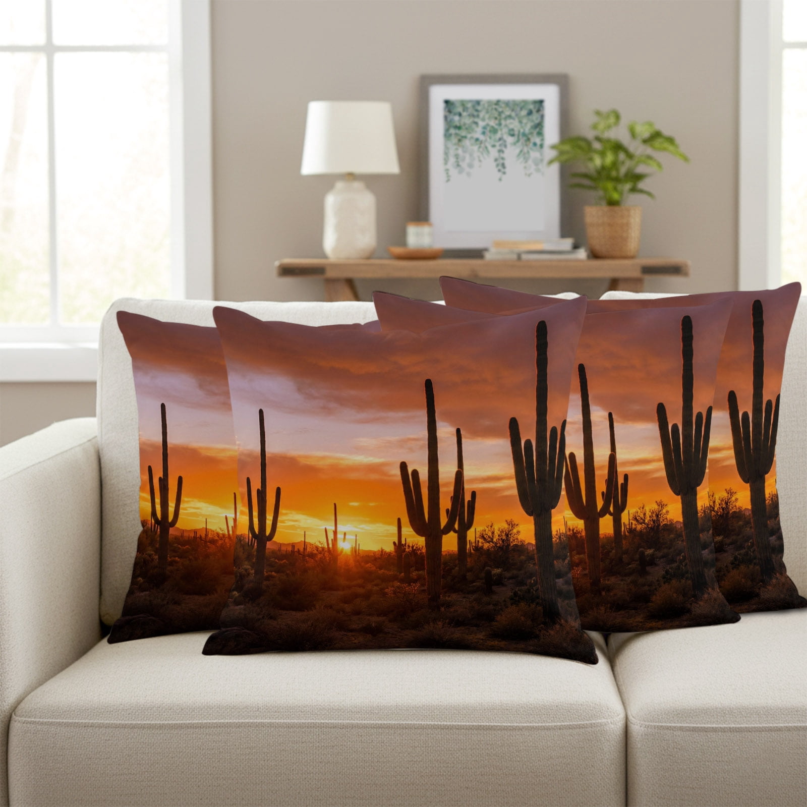 Desert Cactus Pillow Covers Set of 4, Sunset Plant Nature Landscape ...