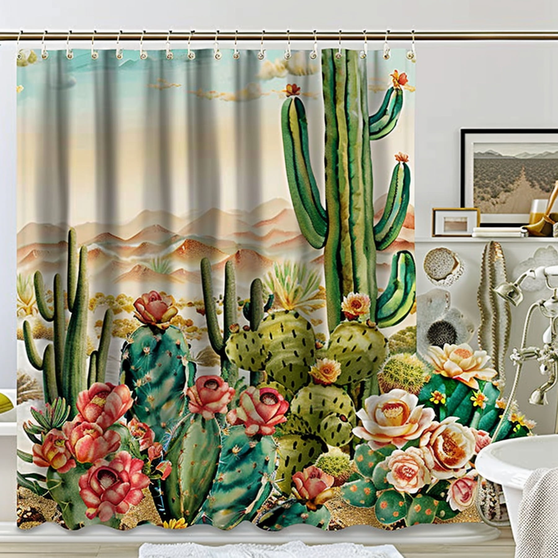 Desert Cactus Shower Curtain Boho Style Bathroom Decor With Vintage