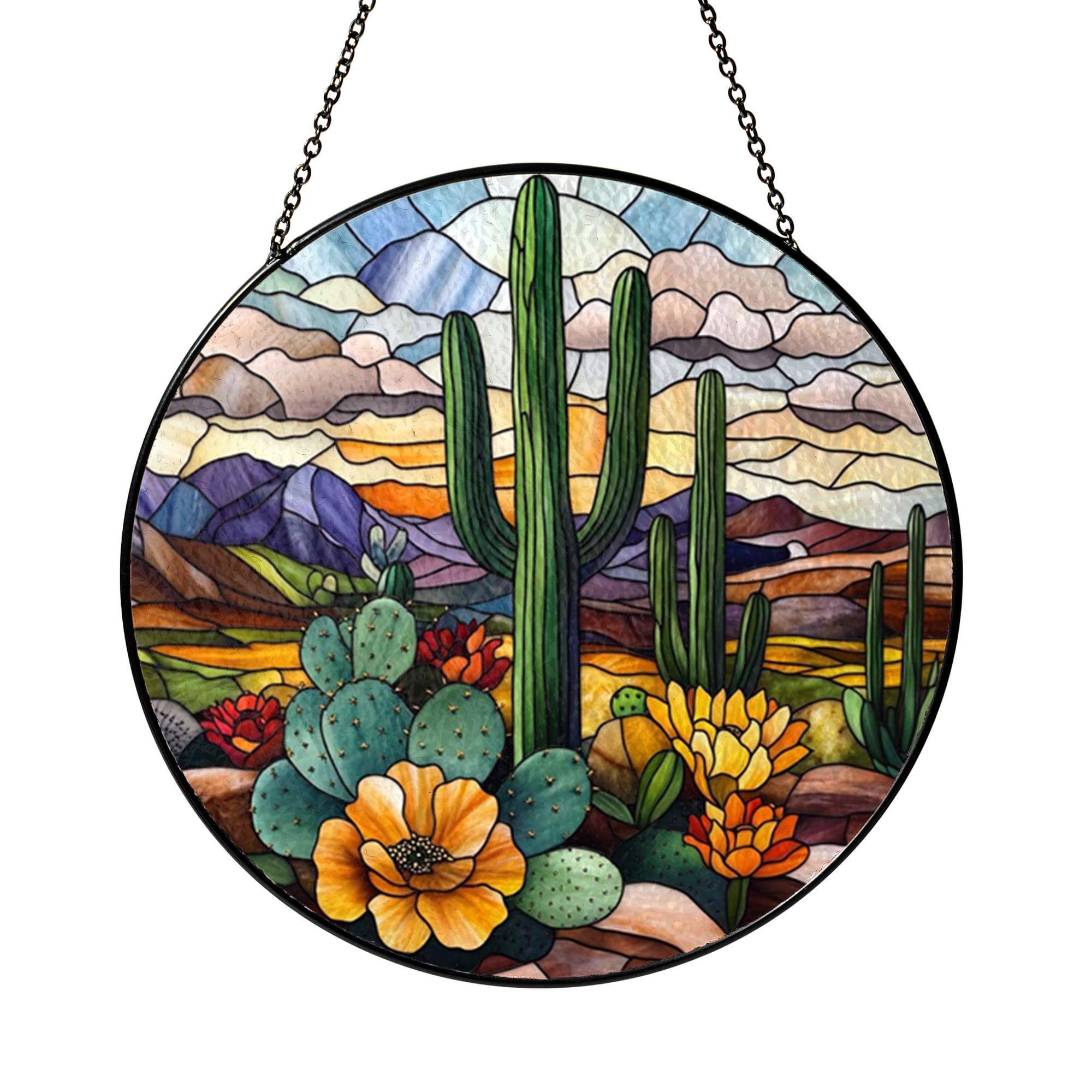 Desert Cactus Stained Glass Suncatcher Round Window Hanging ...