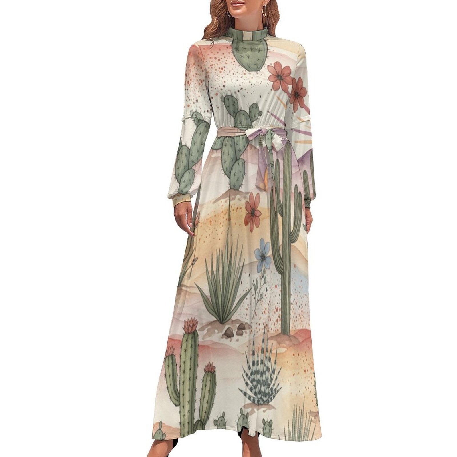 Desert Cactus Sunset Floral Women's Long Dress Long Sleeves Dress ...