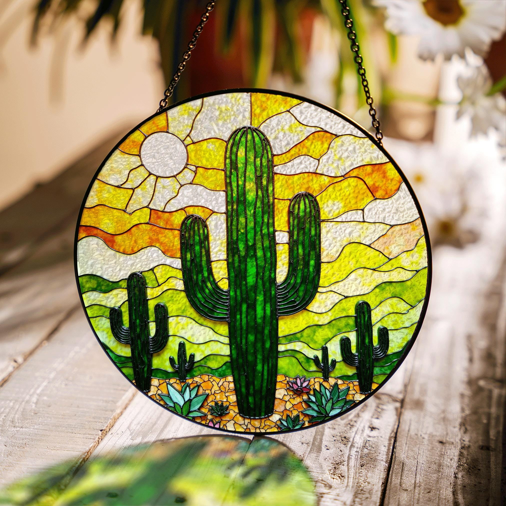 Desert Cactus Sunset Round Stained Glass Style Suncatcher, Window ...