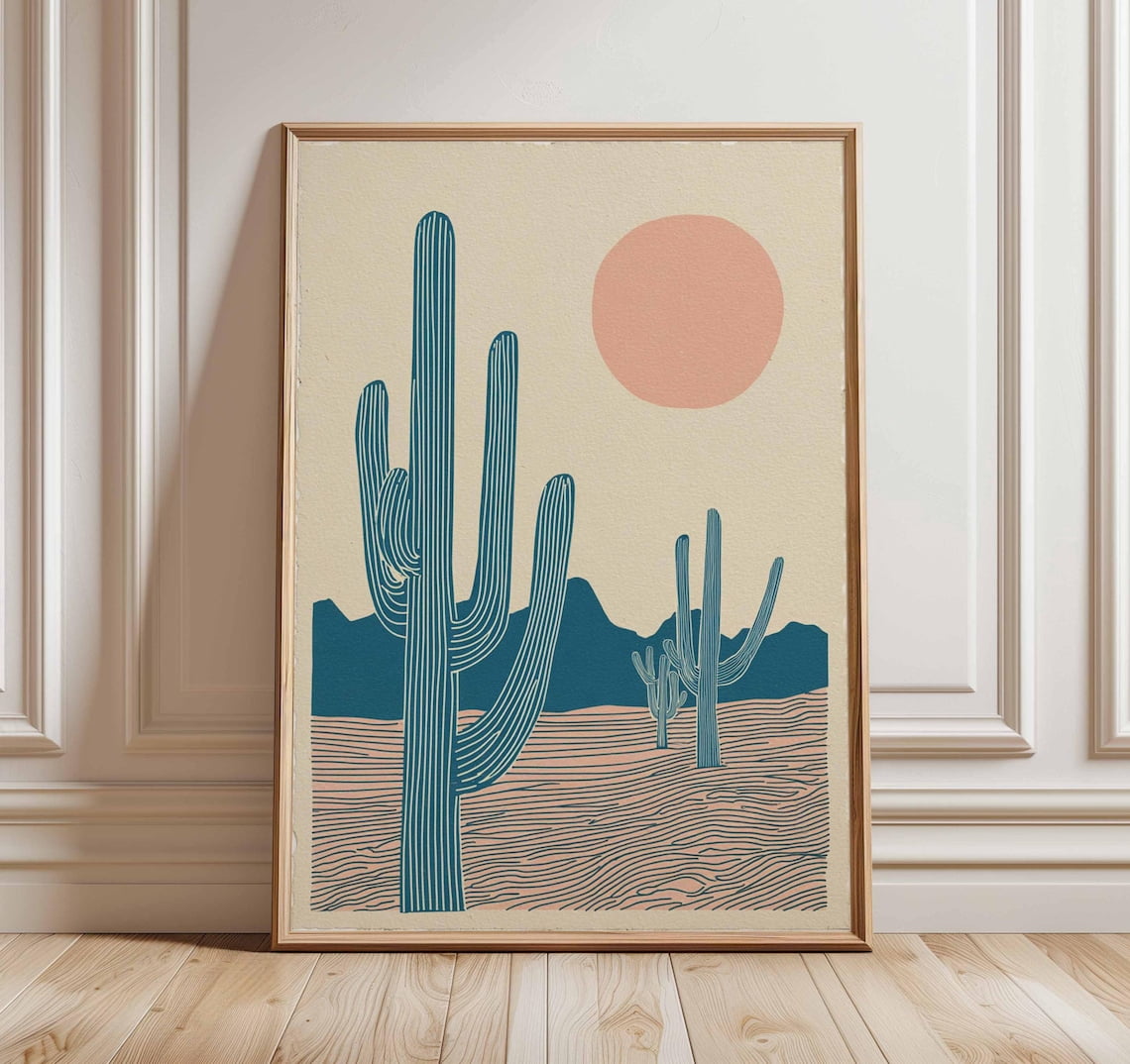 Desert Cactus Wall Art Minimalist Boho Sun Sand Southwest Landscape ...