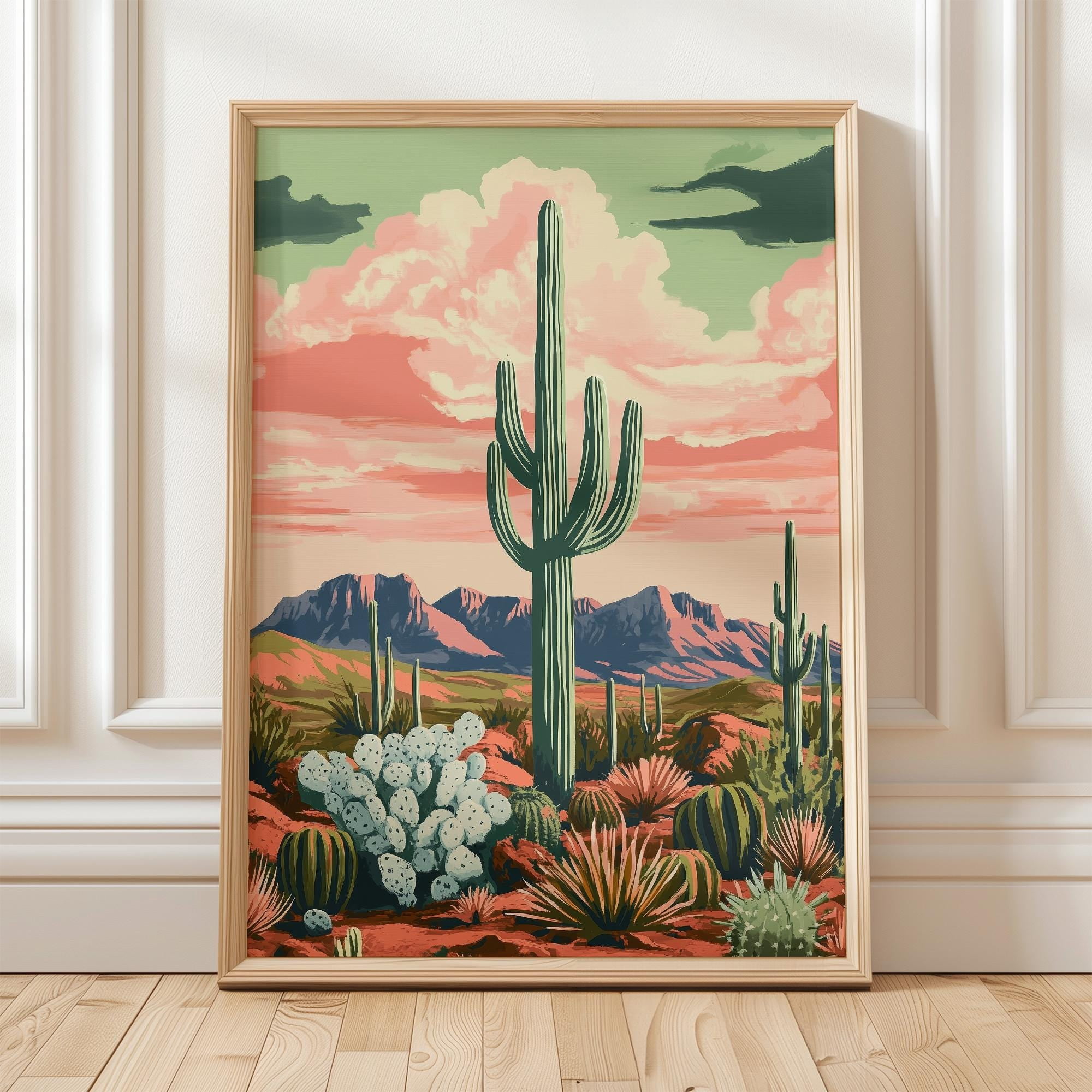 Desert Cactus Wall Art Retro Southwest Poster Pink Green Sunset ...
