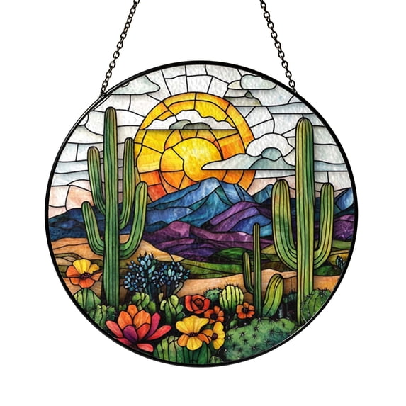 Desert Cactus Wildflower Stained Glass Style Window Suncatcher Hanging ...