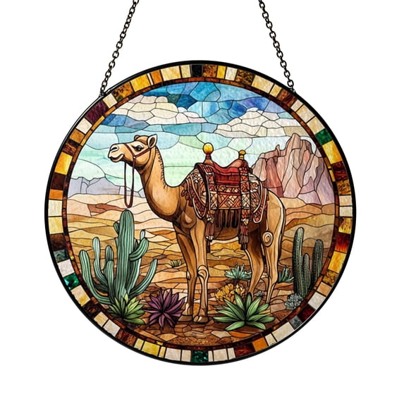 Desert Camel Stained Glass Suncatcher, Round Landscape Window Hanging ...