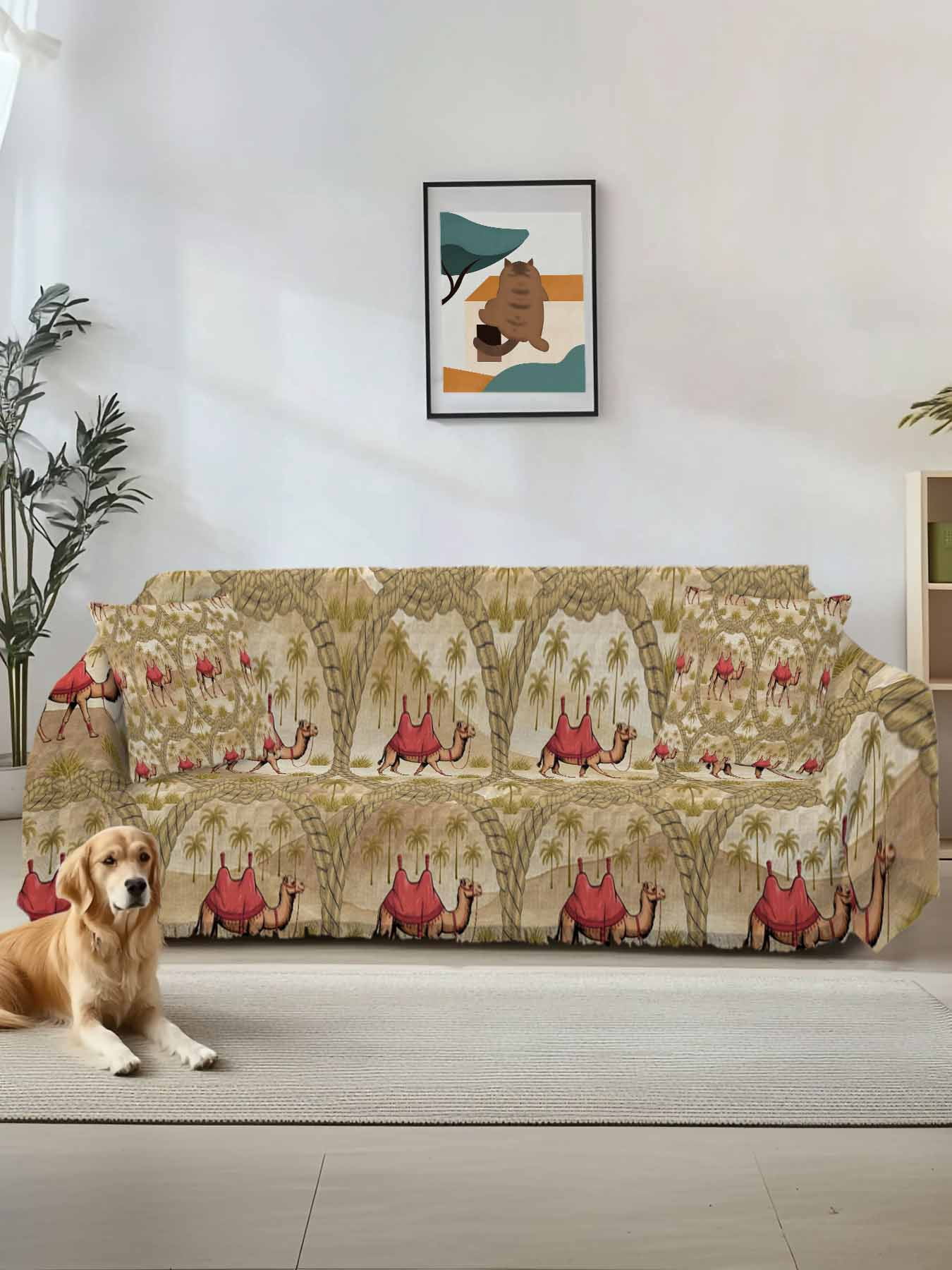 Desert Camels Couch Cover, Tropical Palm Trees Sand Cords Brown Sofa ...