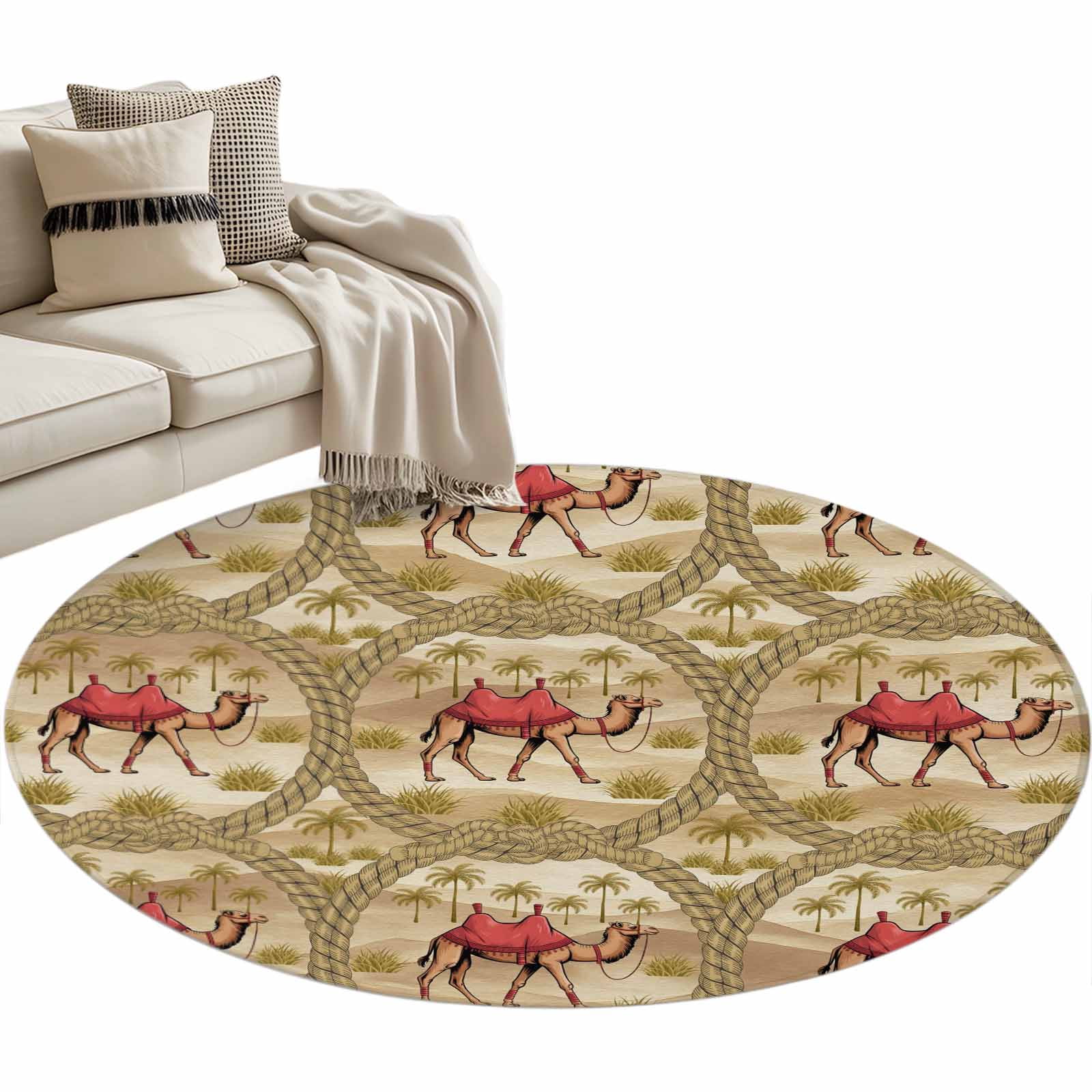 Desert Camels Round Area Rugs Collection 4', Tropical Palm Trees Sand ...