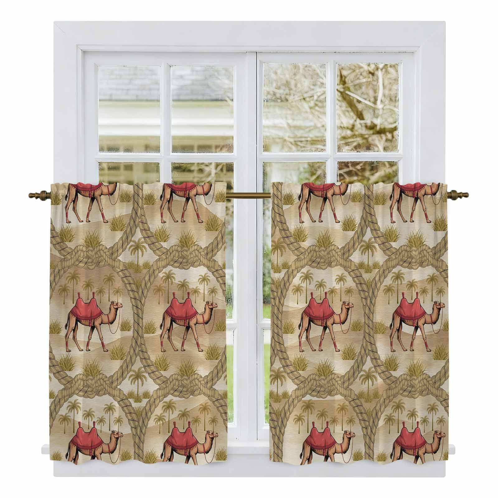 Desert Camels Tier Curtains 54 Inch Length, Tropical Palm Trees Sand ...