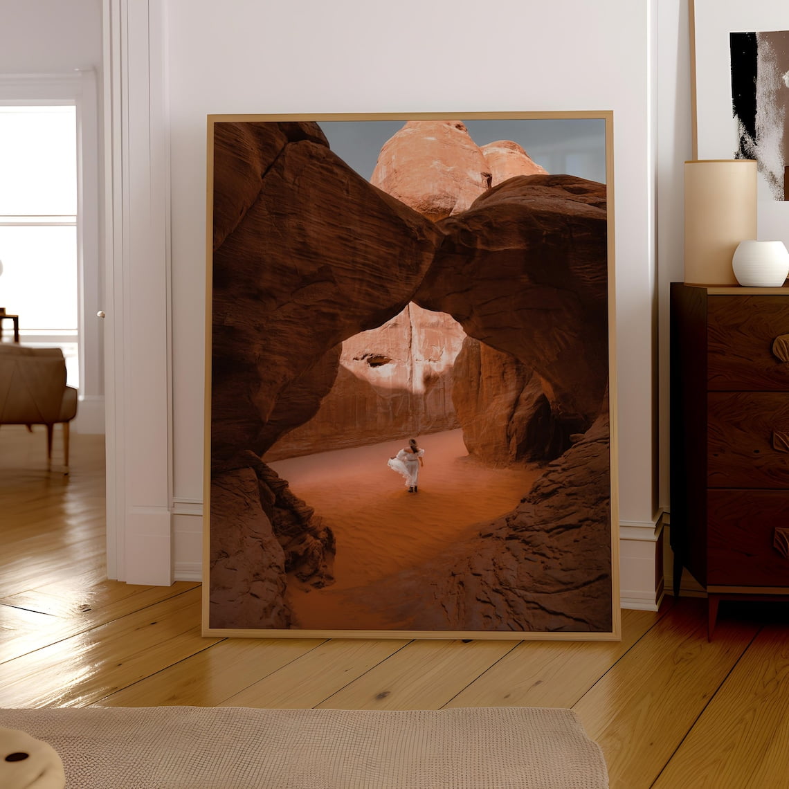 Desert Canyon Print, Woman In White Dress, Boho Landscape Home Decor #2593, Stretched Canvas ...