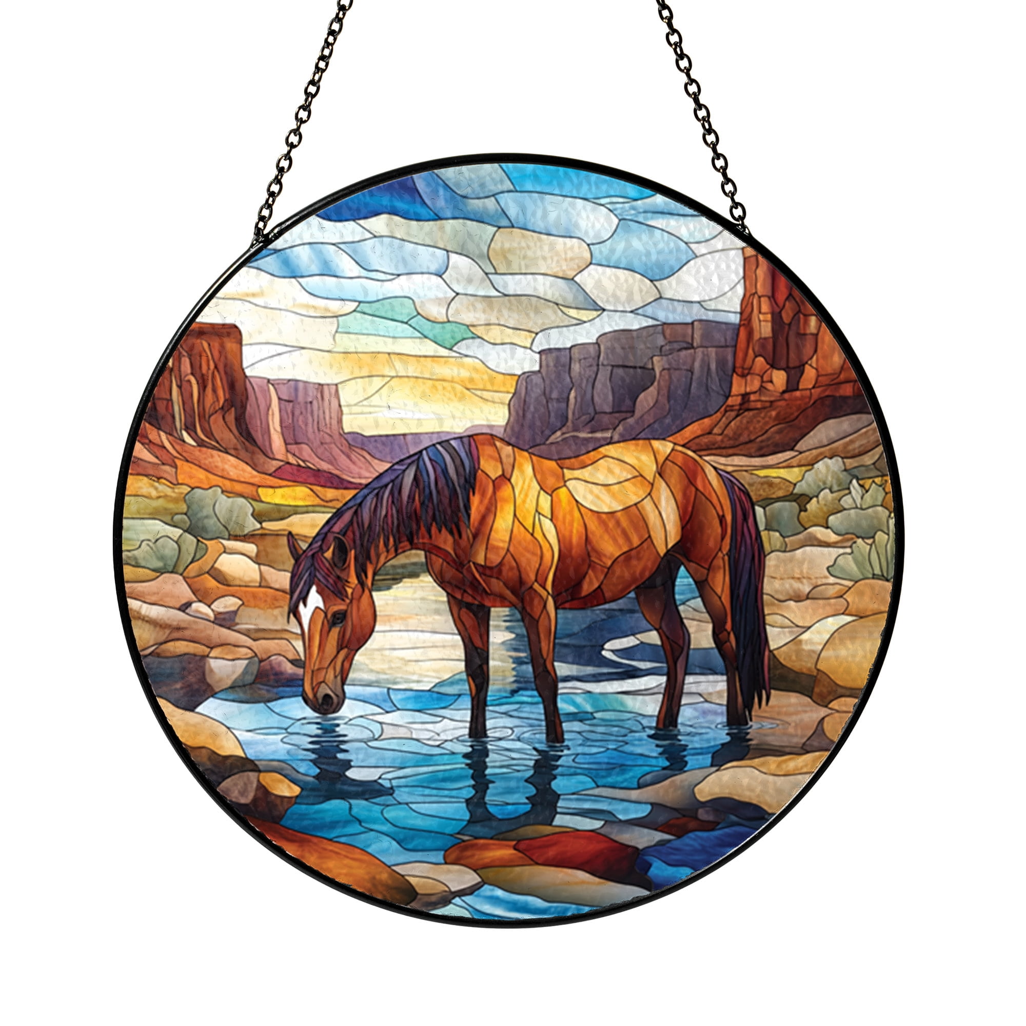 Desert Canyon Wild Horse Stained Glass-Style Window Suncatcher, Real ...