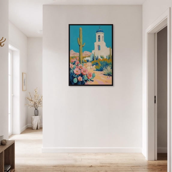 Desert Church Wall Art Poster Colorful Southwestern Cactus Floral Adobe ...