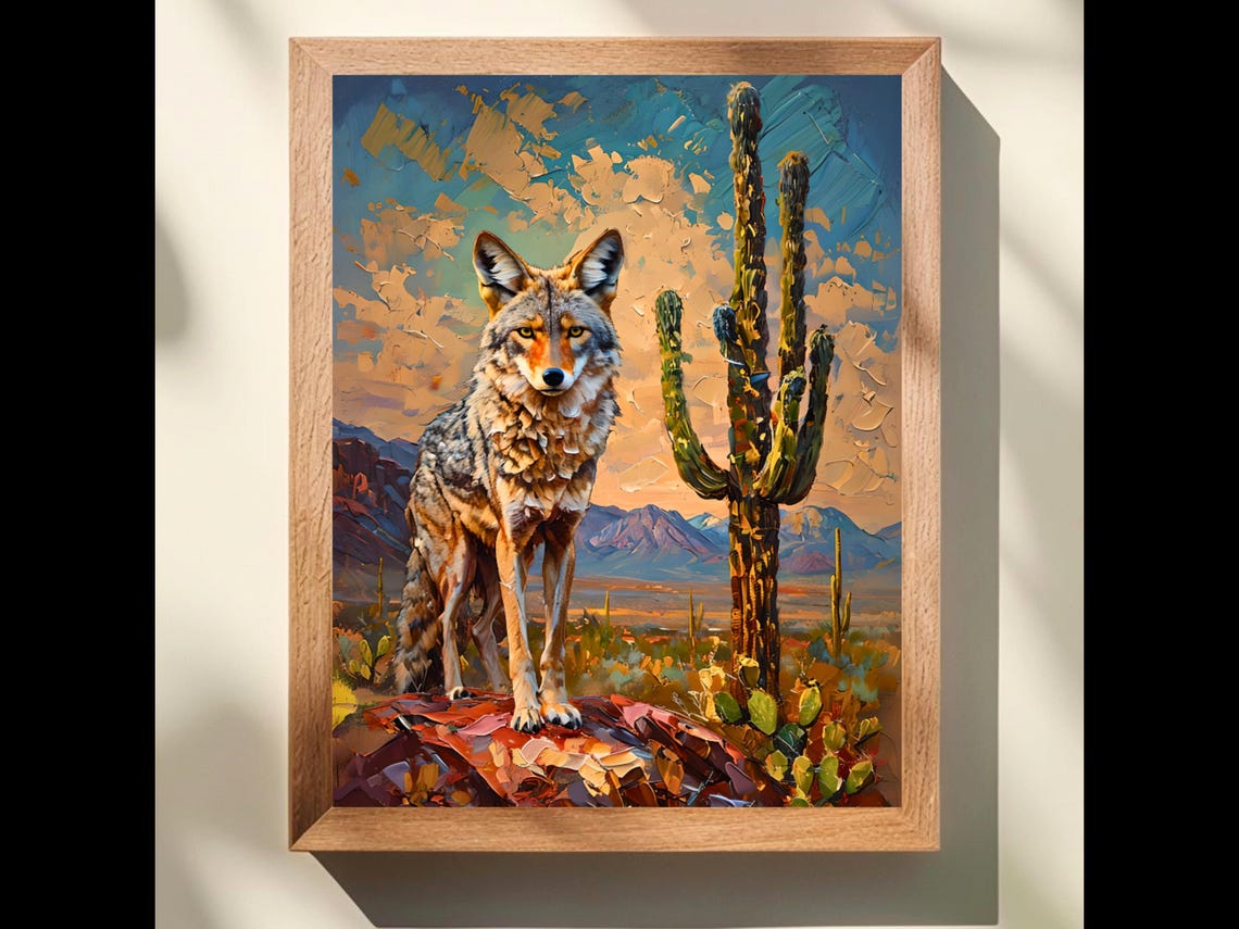 Desert Coyote Wall Art, Arizona Desert Wildlife Print With Saguaro ...
