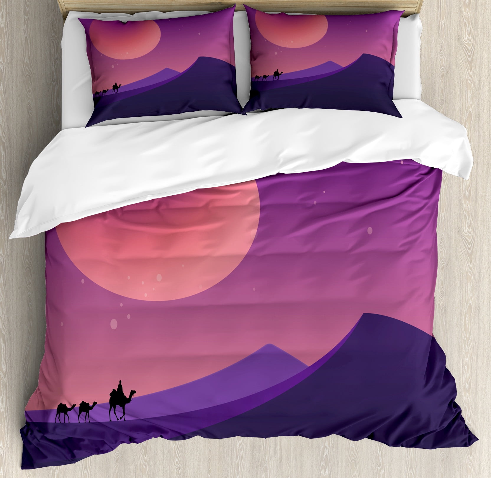 Desert Duvet Cover Set, Drought Nighttime Landscape with a Camel ...