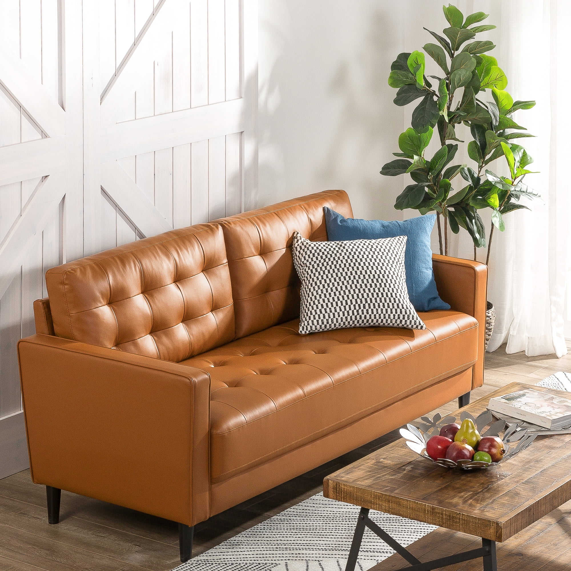 Desert Fields Benton Indoor Sofa Couch Loveseat, Cognac Faux Leather ...