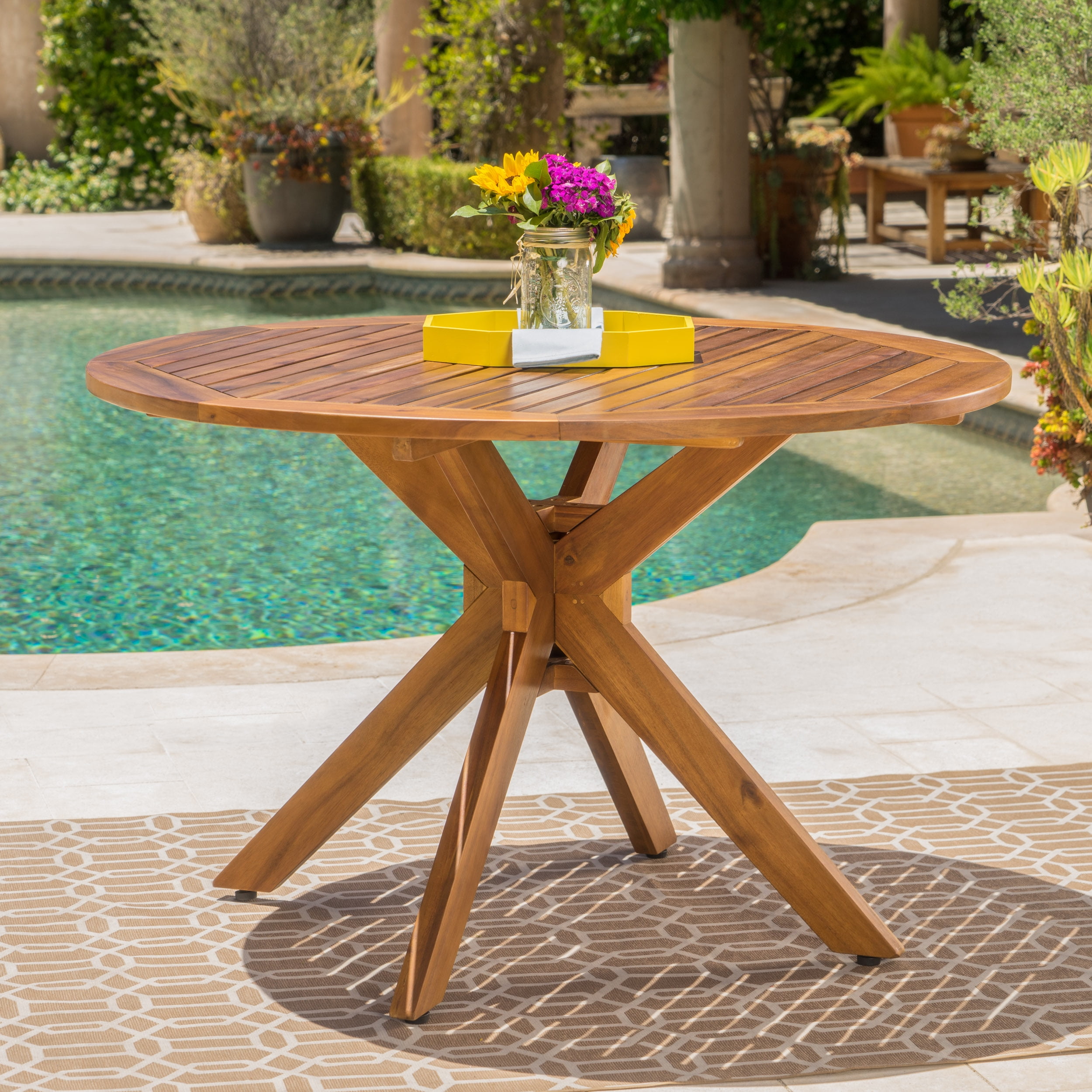 Desert Fields Burke Outdoor Acacia Wood Round Dining Table, Teak Finish ...