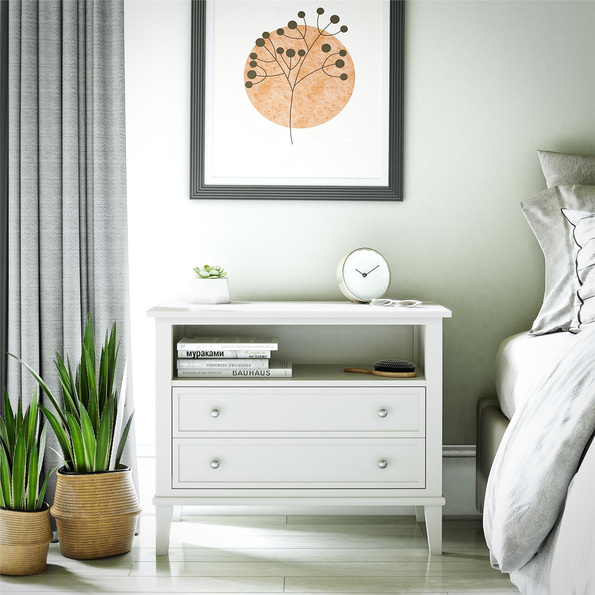 Desert Fields Eclectic Boho Wide Nightstand with Drawer, Soft White ...
