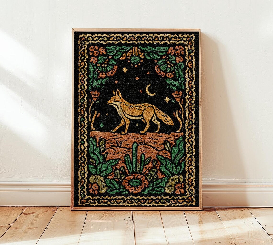 Desert Fox Southwestern Tapestry Boho Night Sky Nature Illustration Art ...