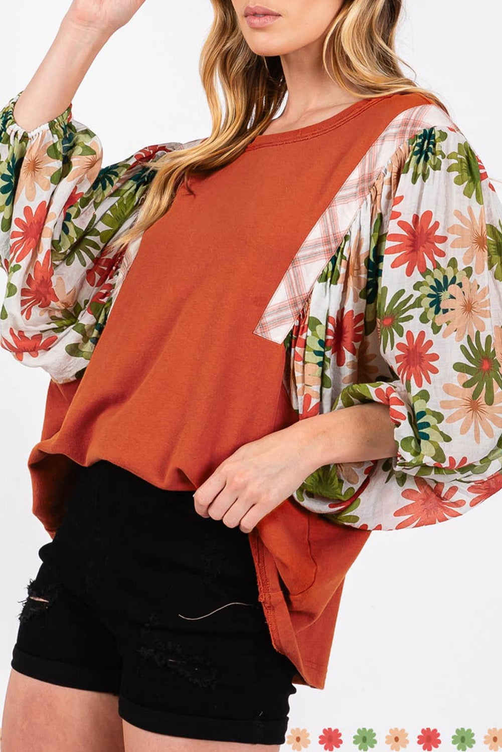 Desert Gold Floral Puff Sleeve Patchwork Round Neck Blouse - Walmart.com