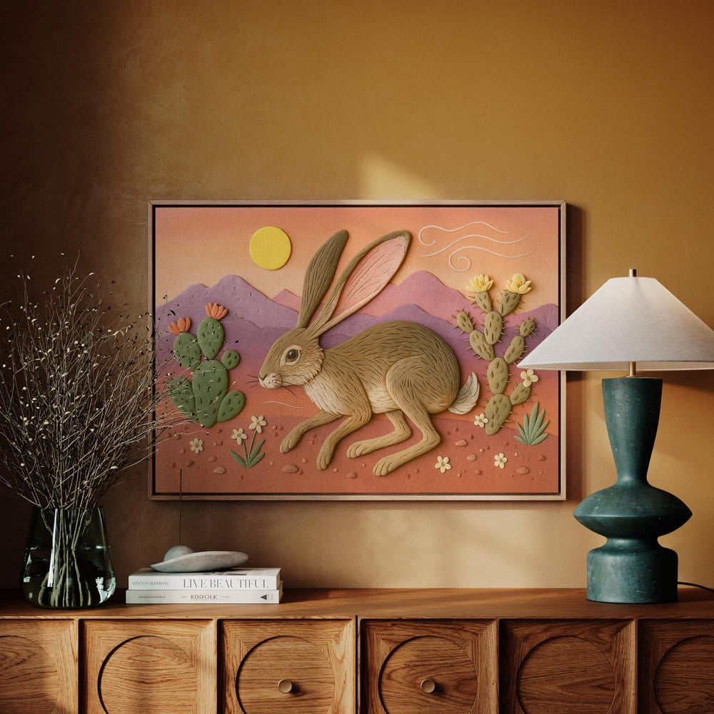 Desert Jackrabbit Poster Art Cactus Sunset Landscape With Southwest ...