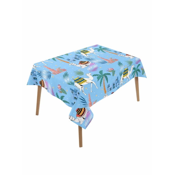 Desert Landscape Rectangle Tablecloth, Cute Camels Palm Trees Houses ...