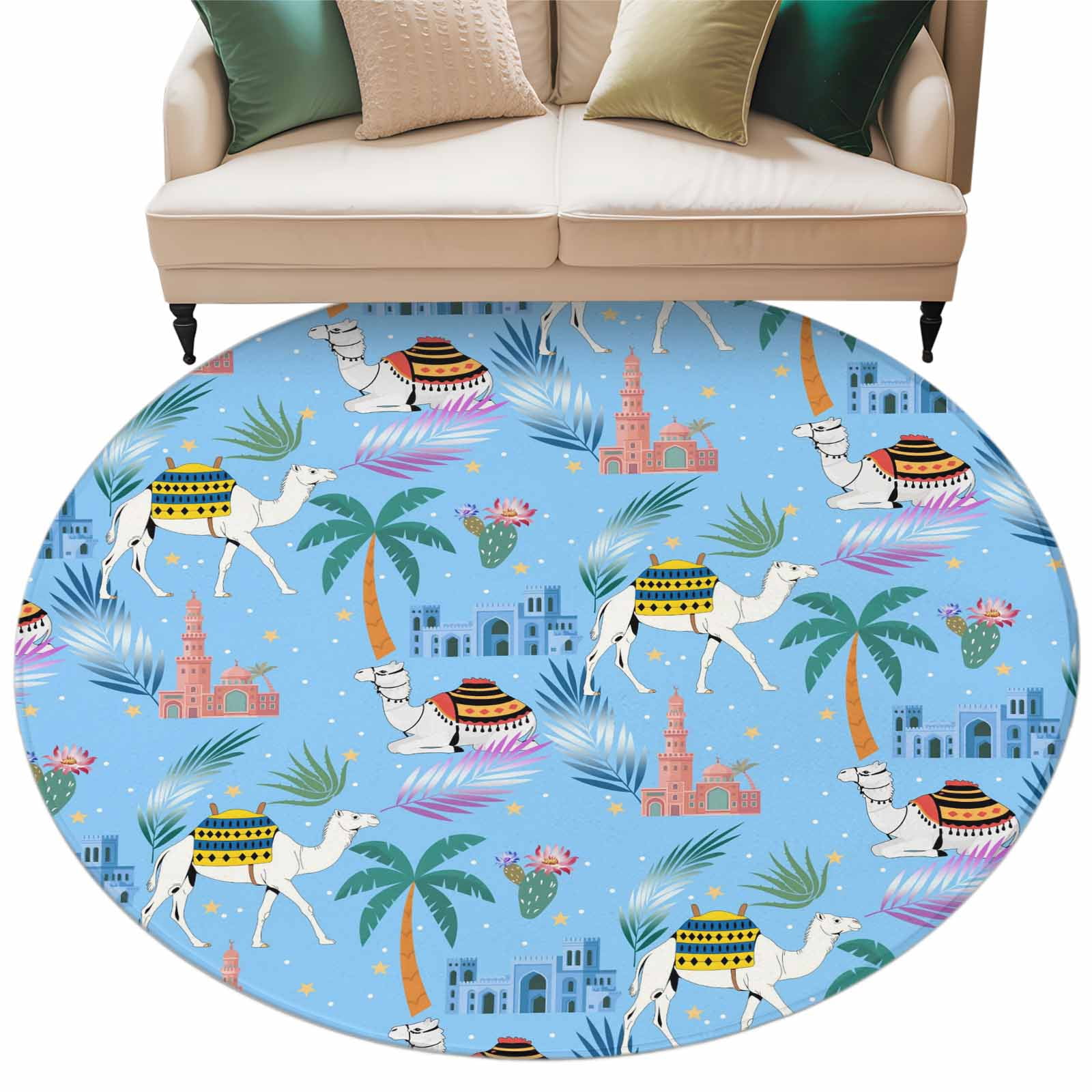 Desert Landscape Round Area Rugs Collection 5', Cute Camels Palm Trees ...