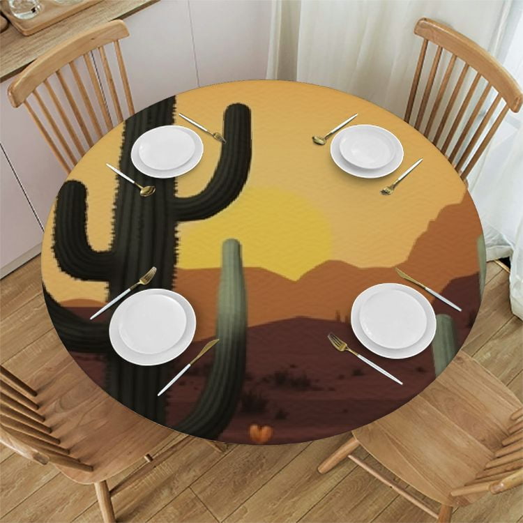 Desert Landscape Round Fitted Tablecloth with Elastic Edged Wipeable ...