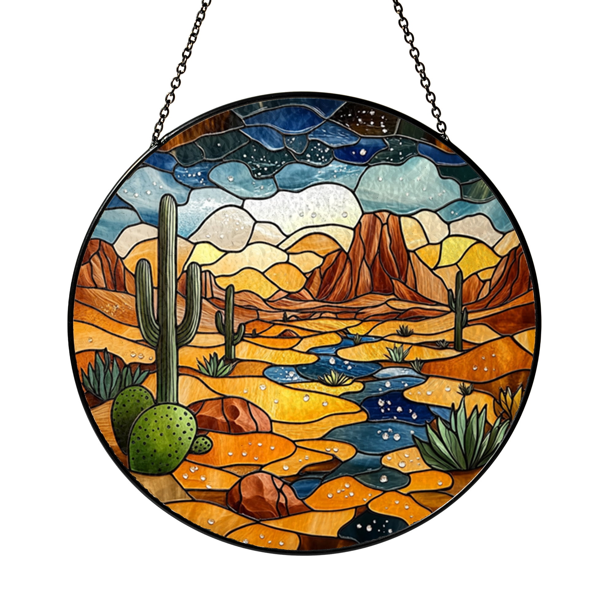 Desert Landscape Stained Glass Suncatcher Window Hanging, Cactus River ...