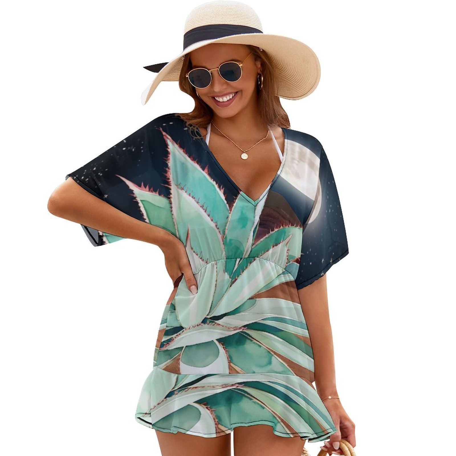 Desert Moon Agave Night Beach Cover Ups Women V Neck Short Sleeve Dress ...
