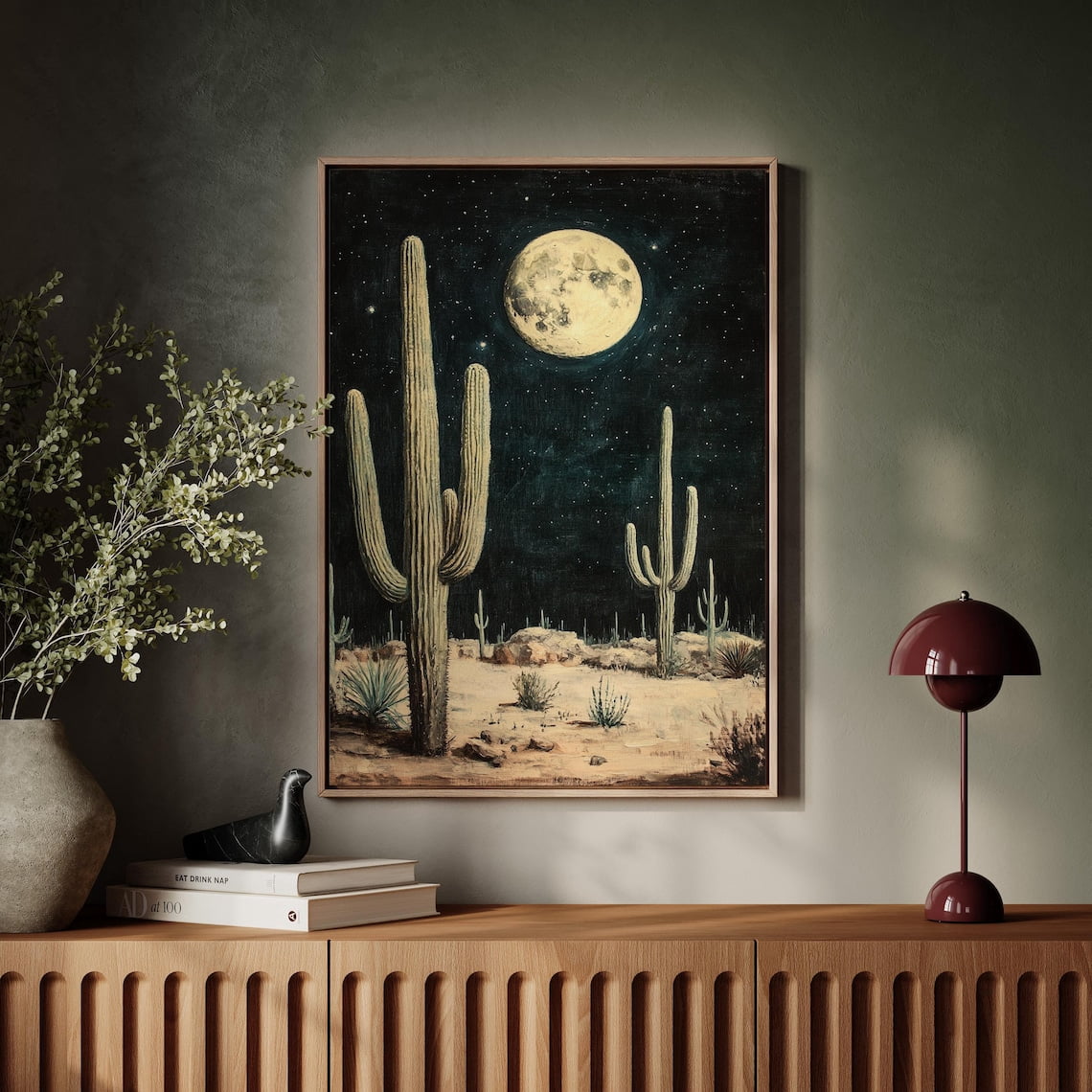 Desert Moonlight Cactus Landscape Art - Southwestern Night Sky, Full ...
