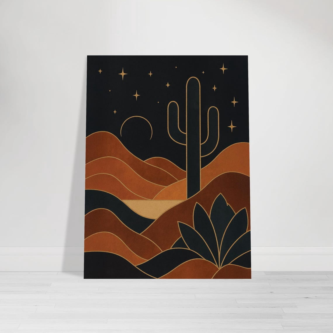 Desert Night Glow Wall Art Cactus Starry Sky Abstract Poster, Stretched ...
