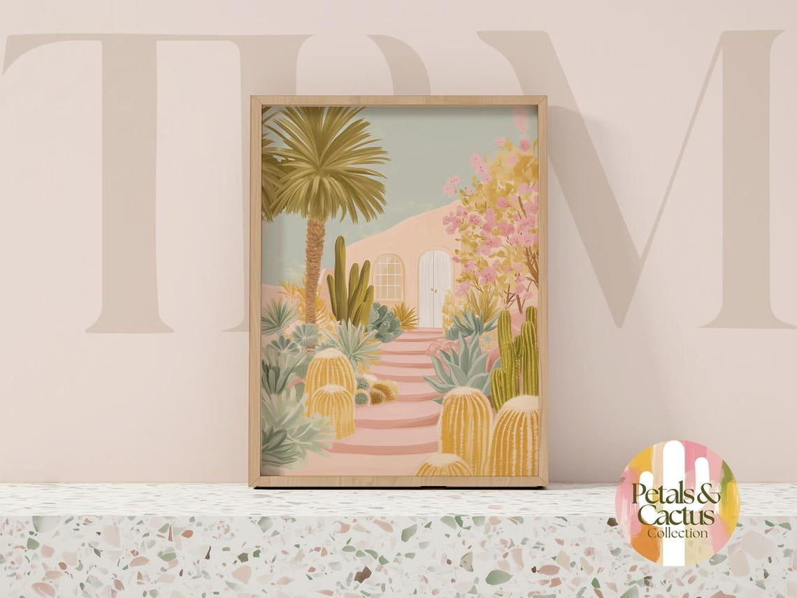 Desert Oasis Art Print, Boho Cactus Garden & Adobe House Home Decor #632, Unframed Canvas Size ...