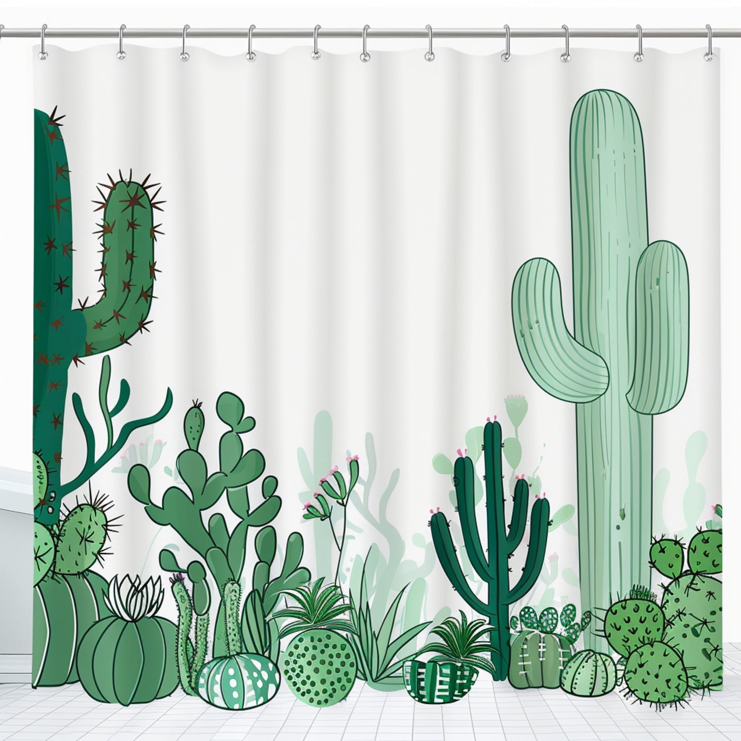 Desert Oasis Cactus Shower Curtain With Green Plants On White