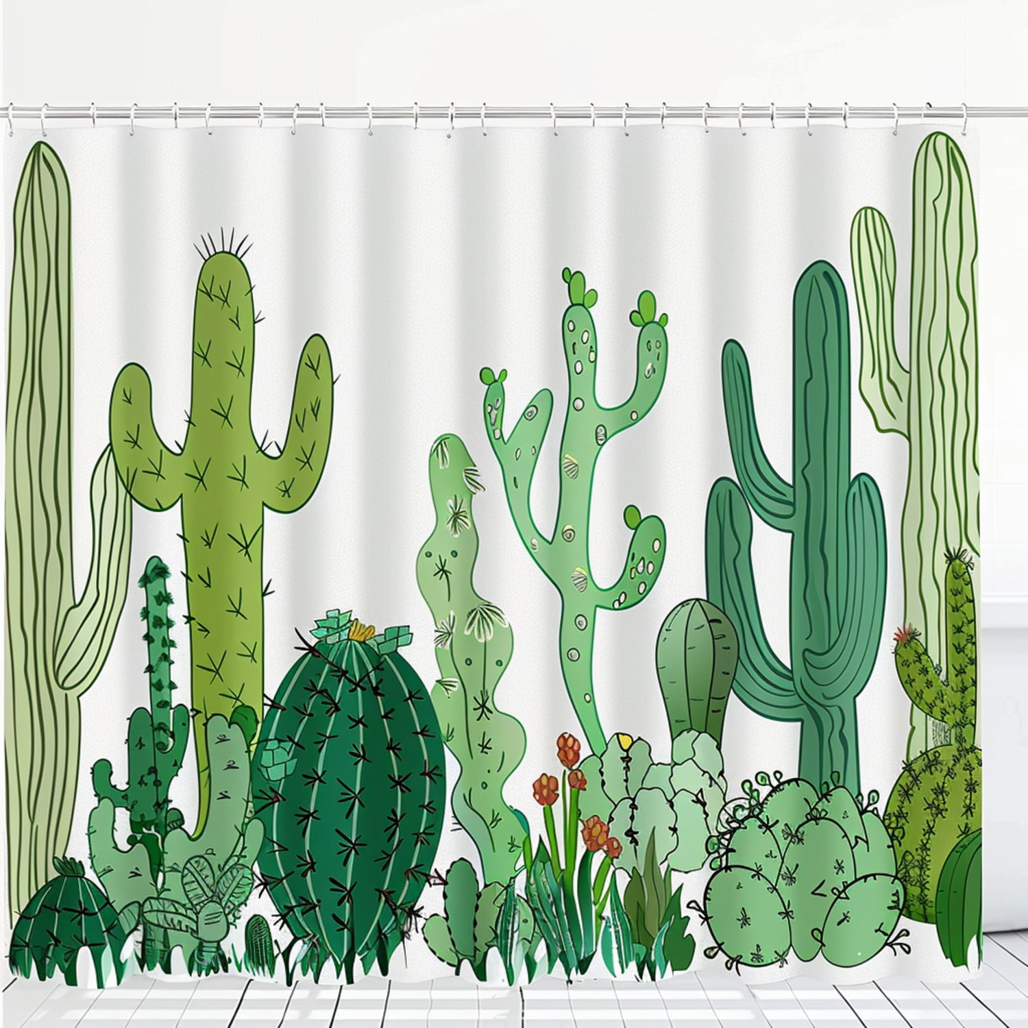 Desert Oasis Hand Drawn Cacti Shower Curtain With Coral Inspired