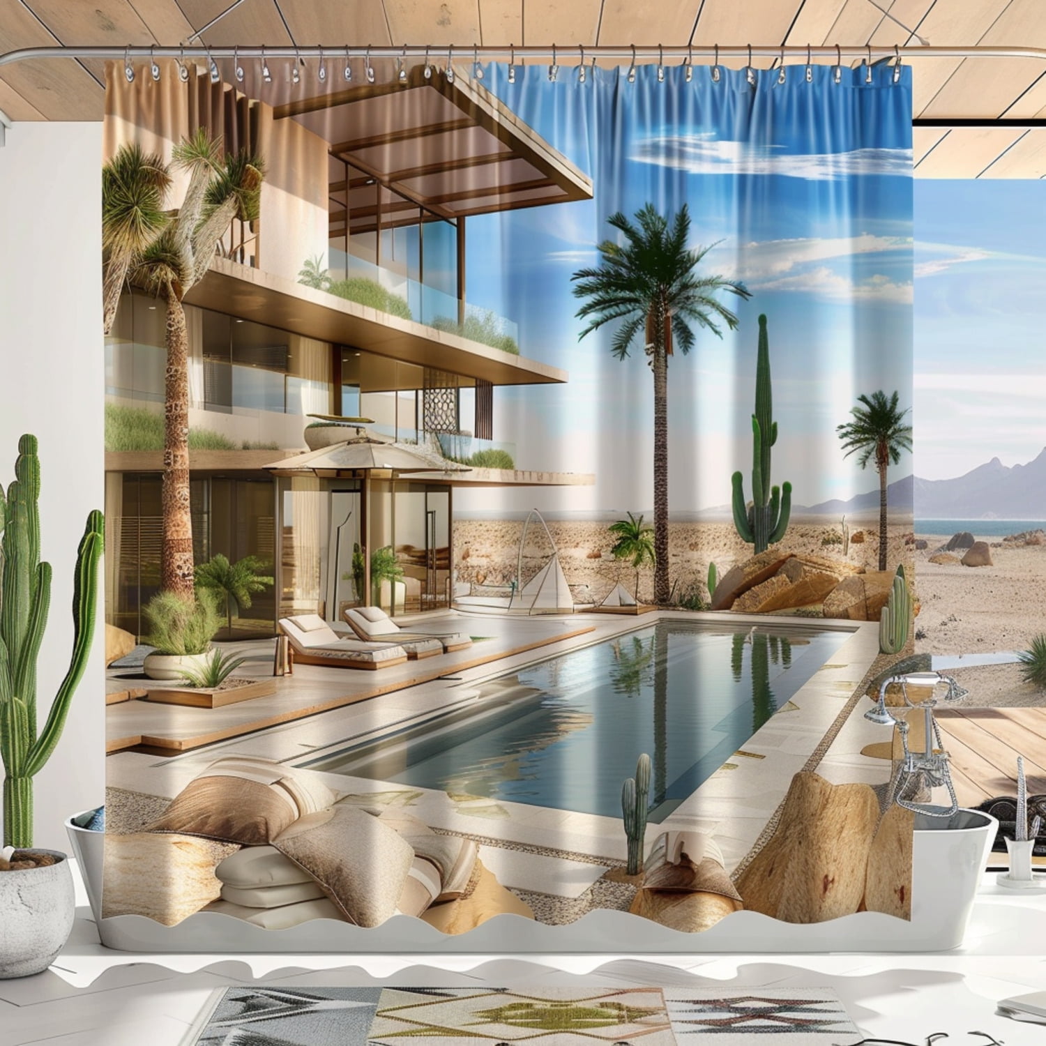 Desert Oasis Luxury Hotel Shower Curtain Modern Architecture Cacti and ...