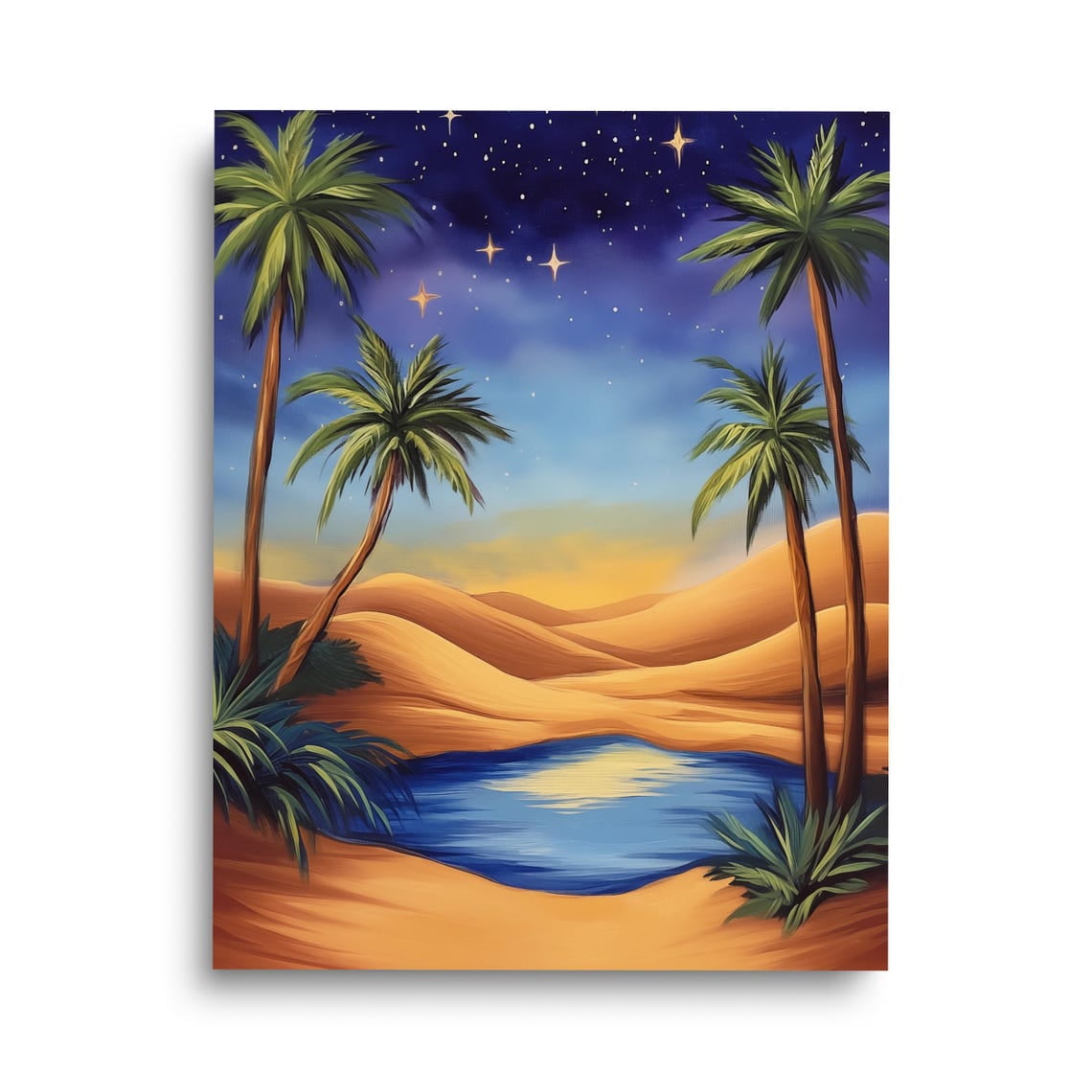 Desert Oasis Print, Starry Night Sky Landscape With Palm Trees, Sand ...