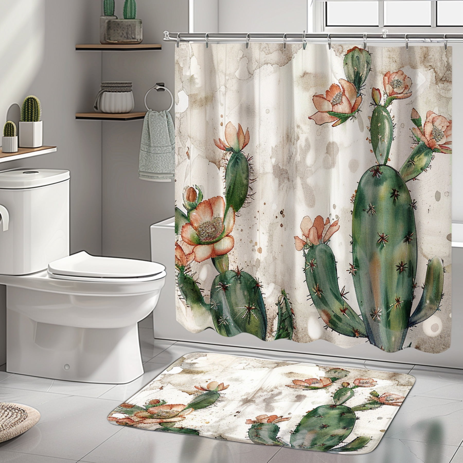 Desert Oasis Shower Curtain Cacti And Flowers In Soft Watercolors Boho