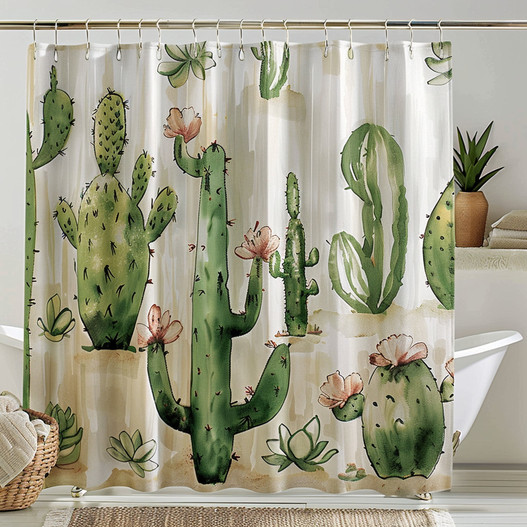 Desert Oasis Shower Curtain Vibrant Cacti Pattern Lifelike Succulents