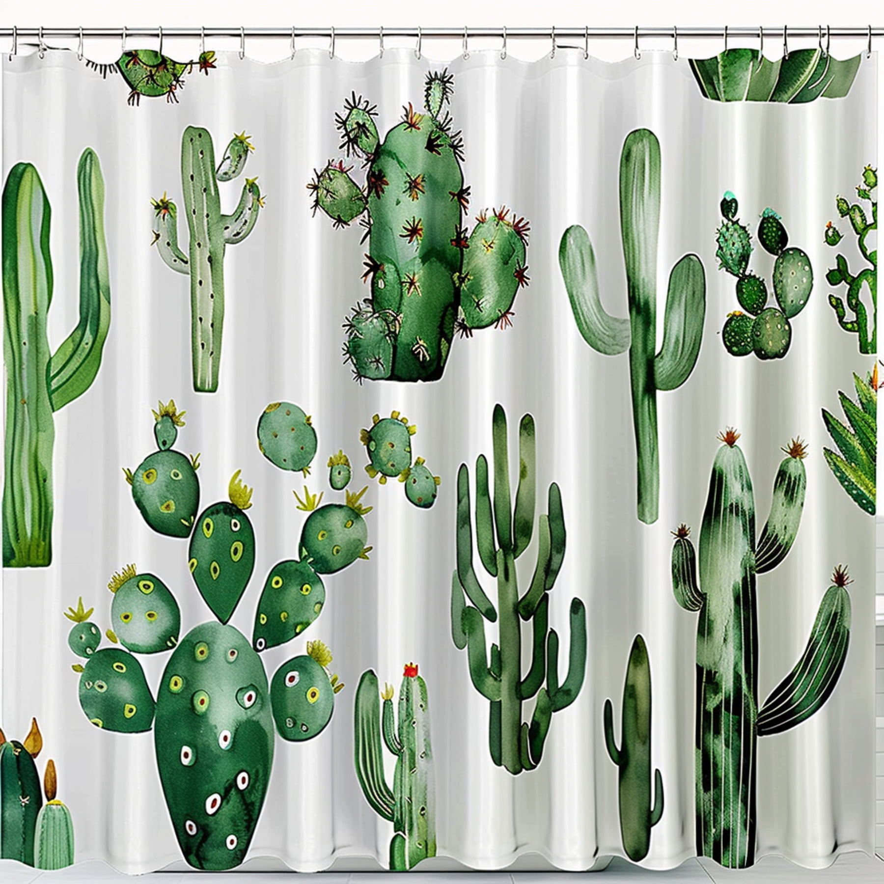 Desert Oasis Shower Curtain Vibrant Green Watercolor Cacti On White