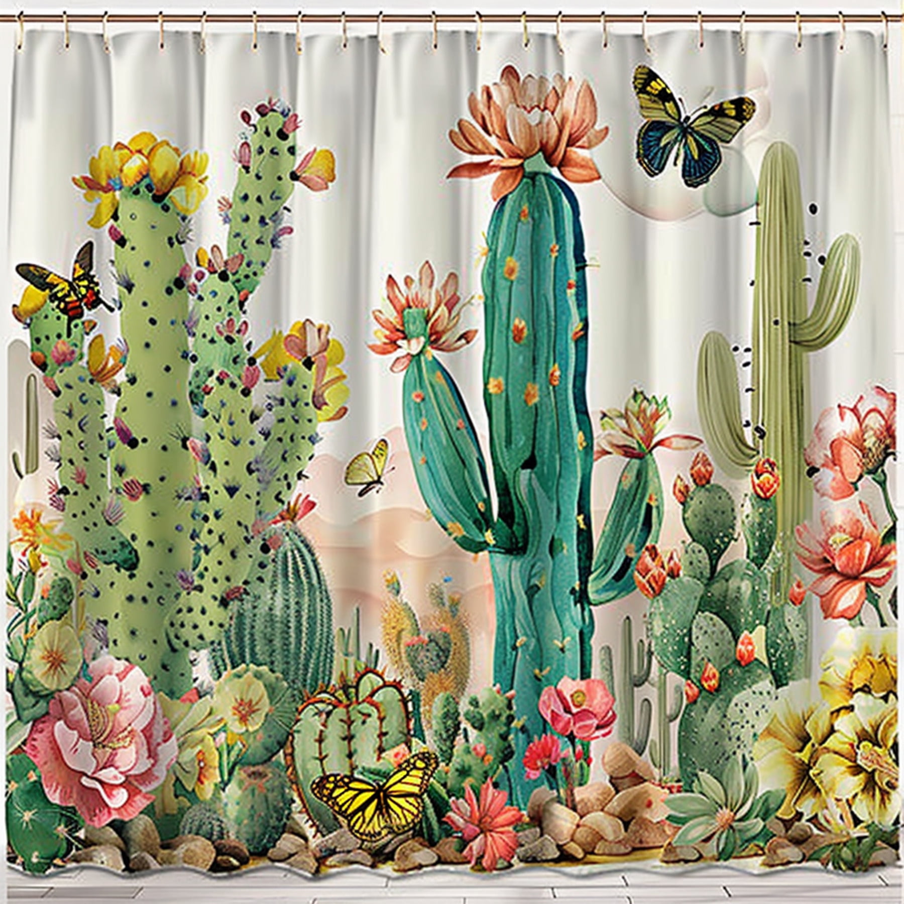 Desert Oasis Shower Curtain With Cacti Flowers And Butterflies