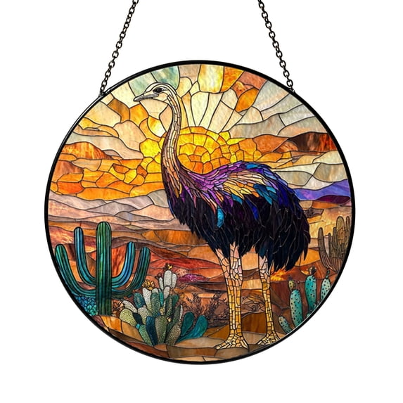 Desert Ostrich Stained Glass Suncatcher, Round Window Art Hanging with ...