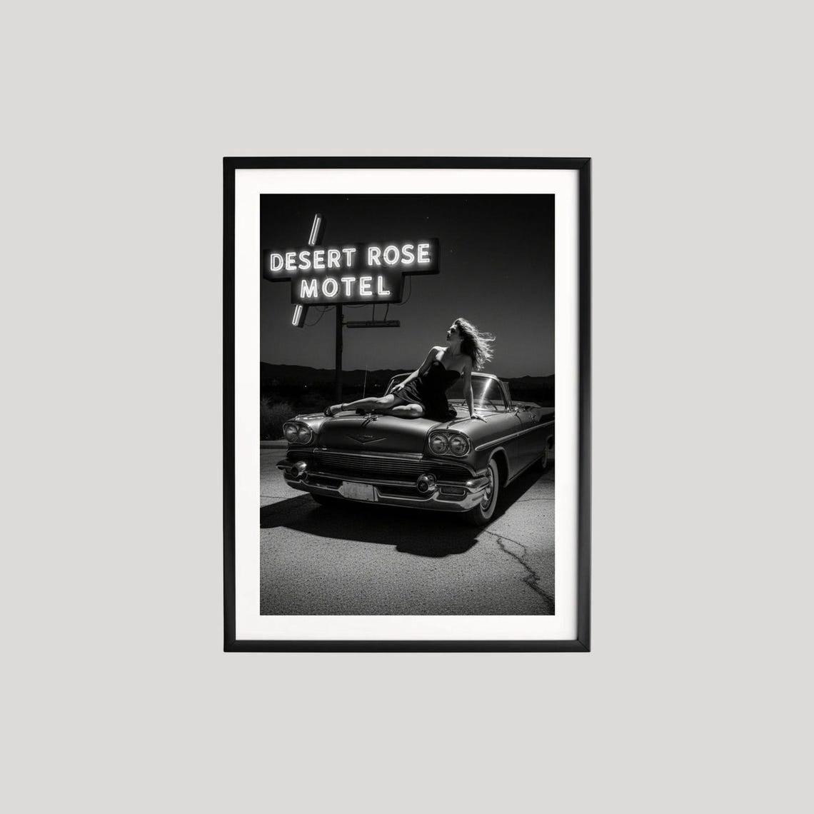 Desert Rose Motel Retro Night Photography Classic Car Black and White ...