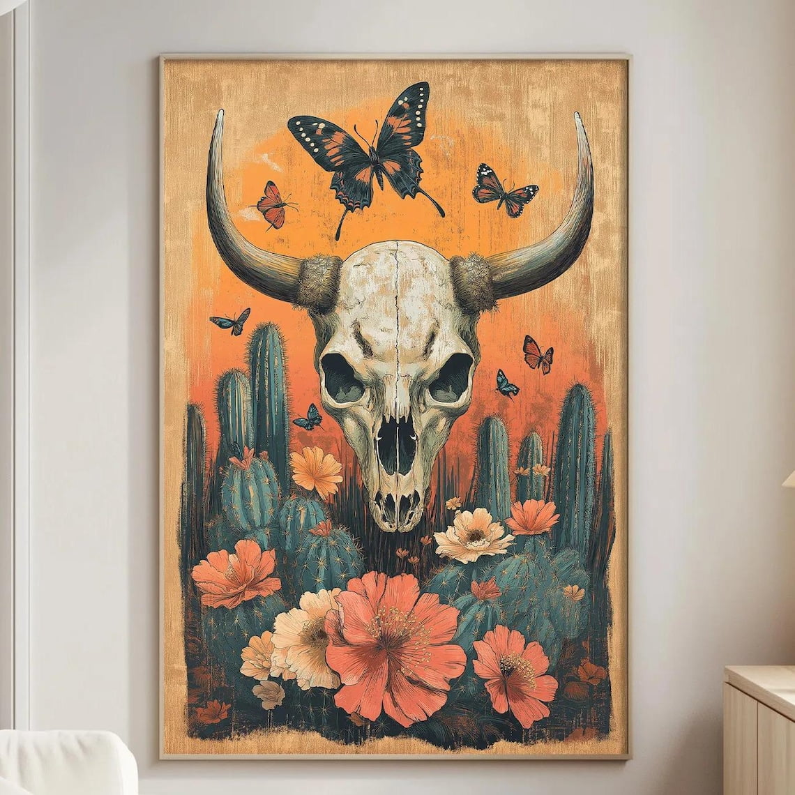 Desert Skull Flower Wall Art Poster Retro Western Cactus Blooms ...