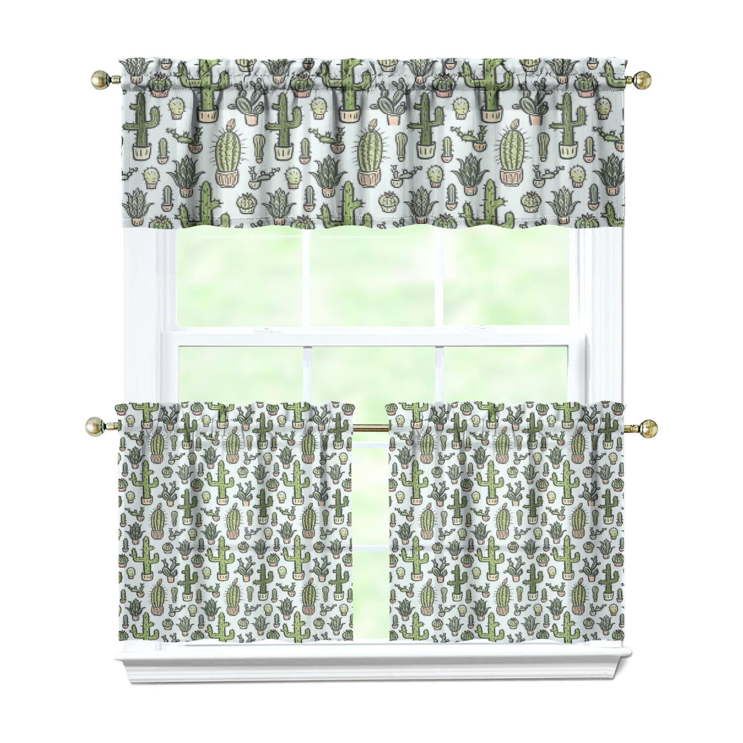 Desert Style Kitchen Curtains Set, Southwestern and Boho Cactus Rod ...