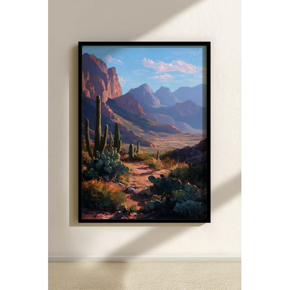 Desert Sunset Art Print, Southwestern Landscape, Cactus & Mountains ...