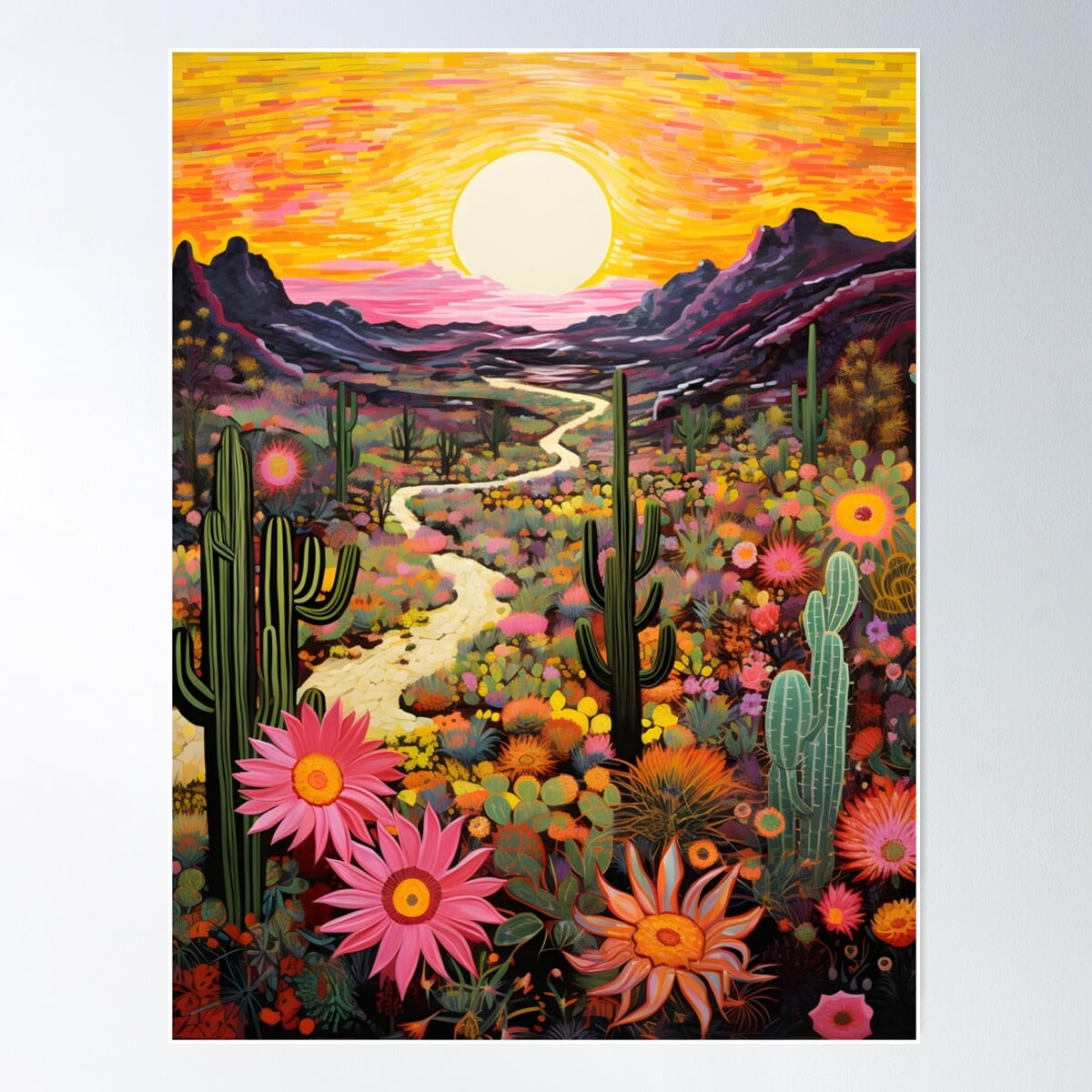 Desert Sunset: Cactus Bloom Under A Fiery Sky Poster Wall Art, Modern Wall Decor For Living Room ...