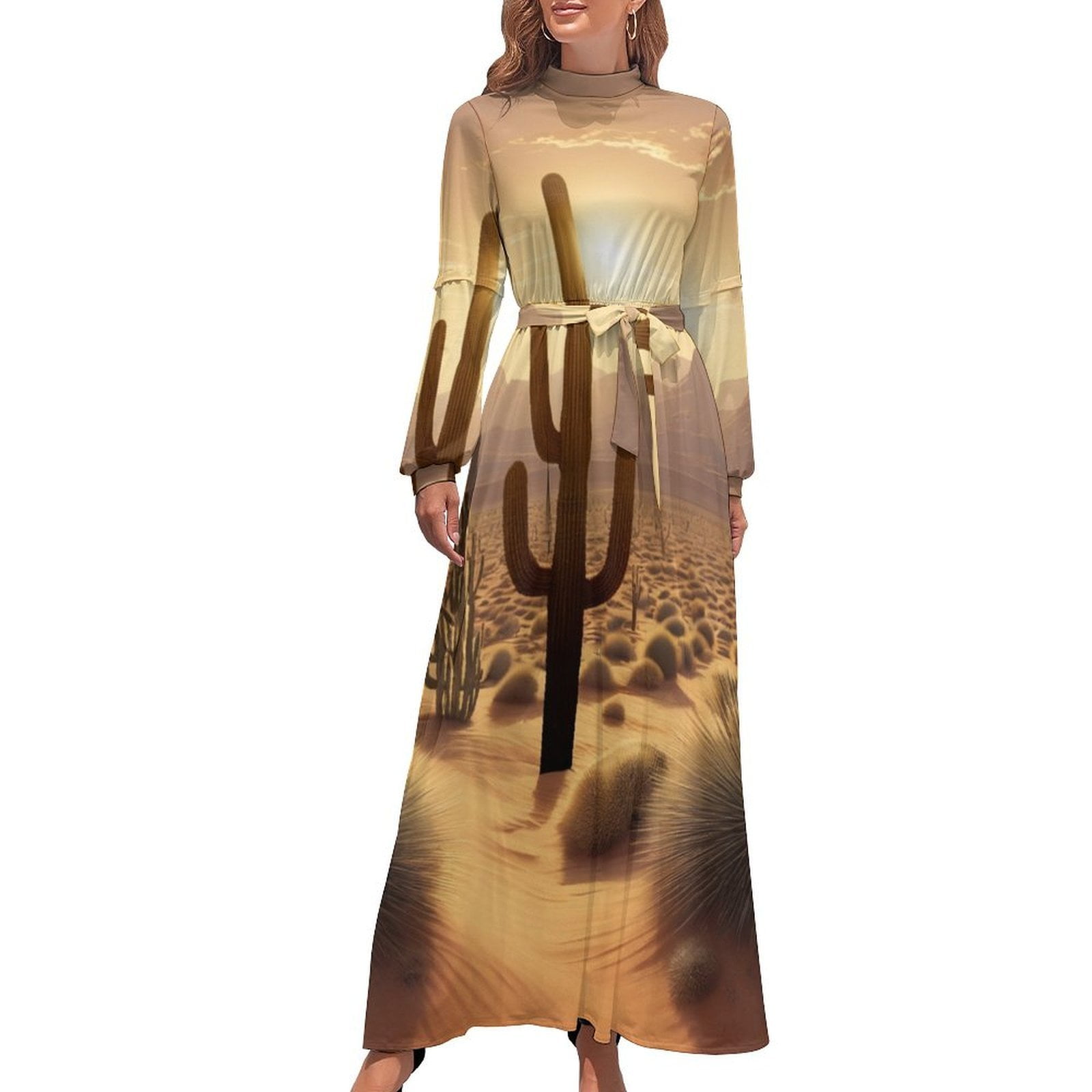 Desert Sunset Cactus Landscape Women's Long Dress Long Sleeves Dress ...
